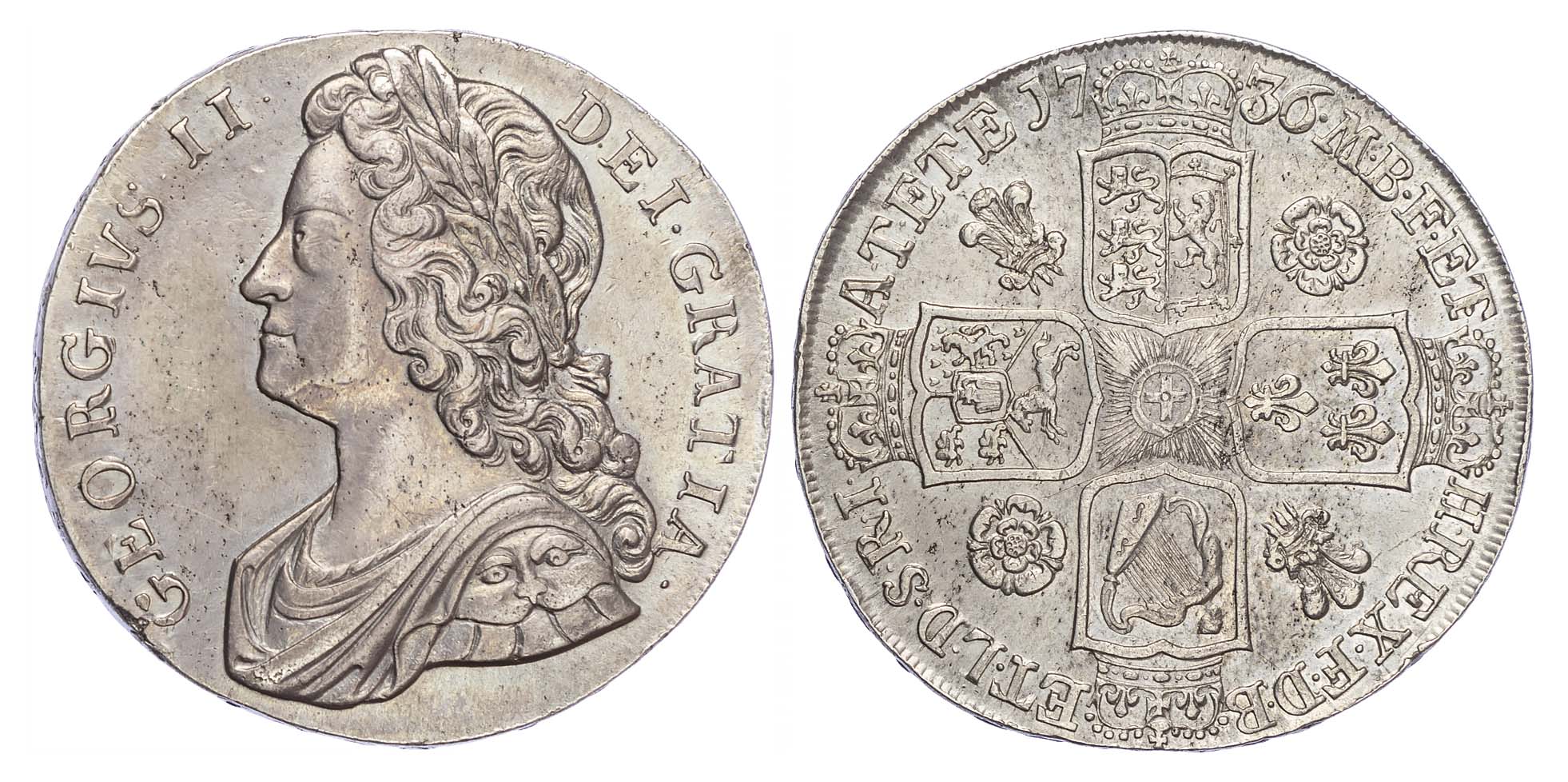 George II (1727-60), Crown, 1736, ‘Roses and Plumes’, young bust, Nono ...