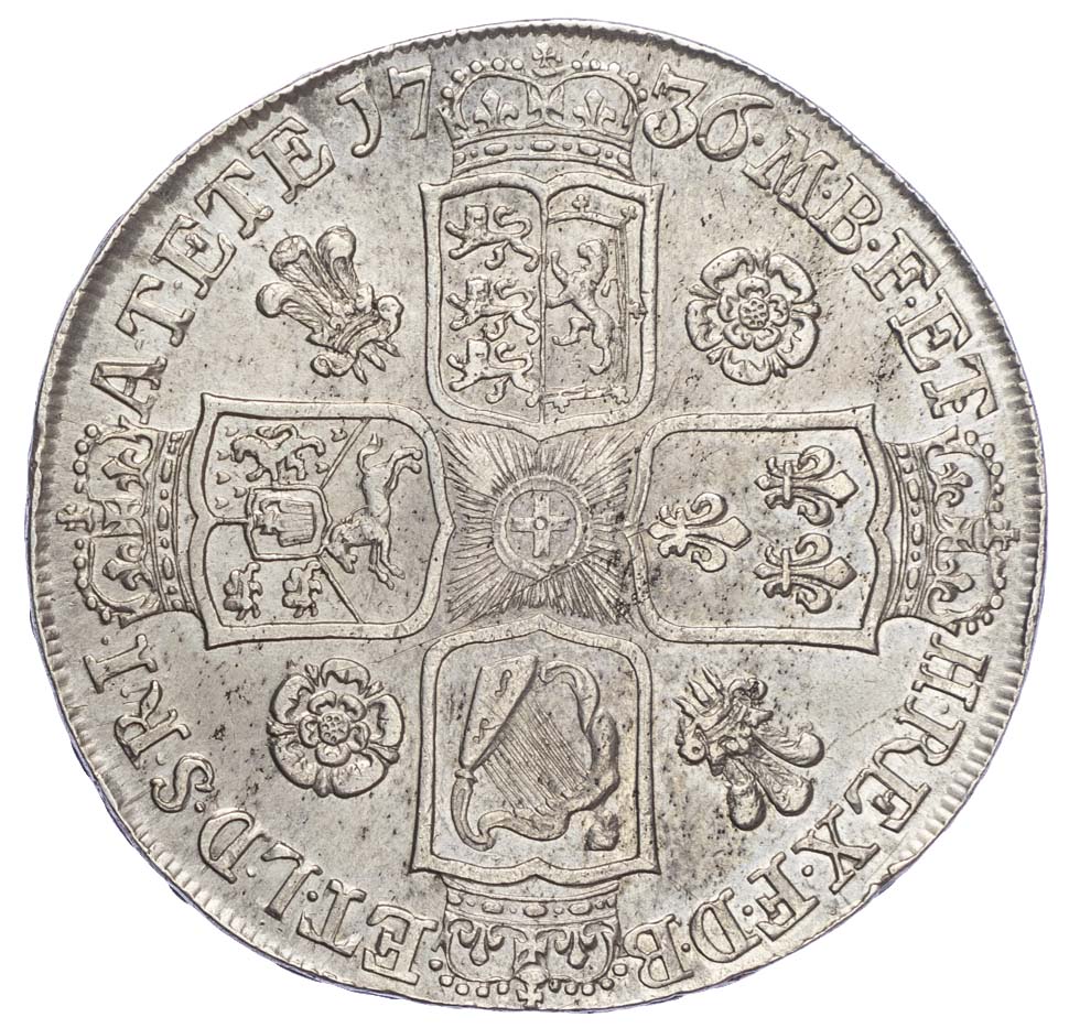 George II (1727-60), Crown, 1736, ‘Roses and Plumes’, young bust, Nono ...