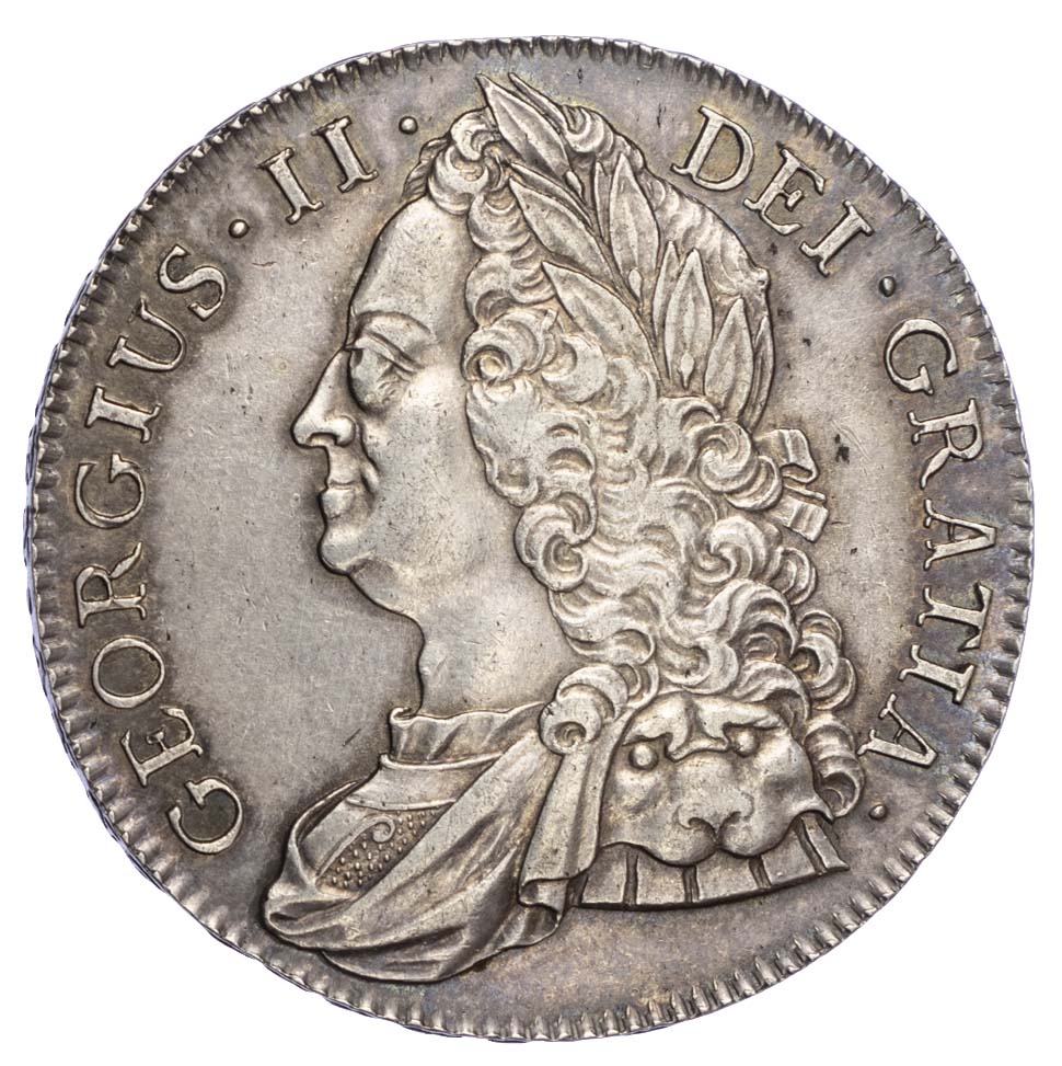 George II (1727-60), Crown, 1743, Roses in angles, older bust, edge D ...