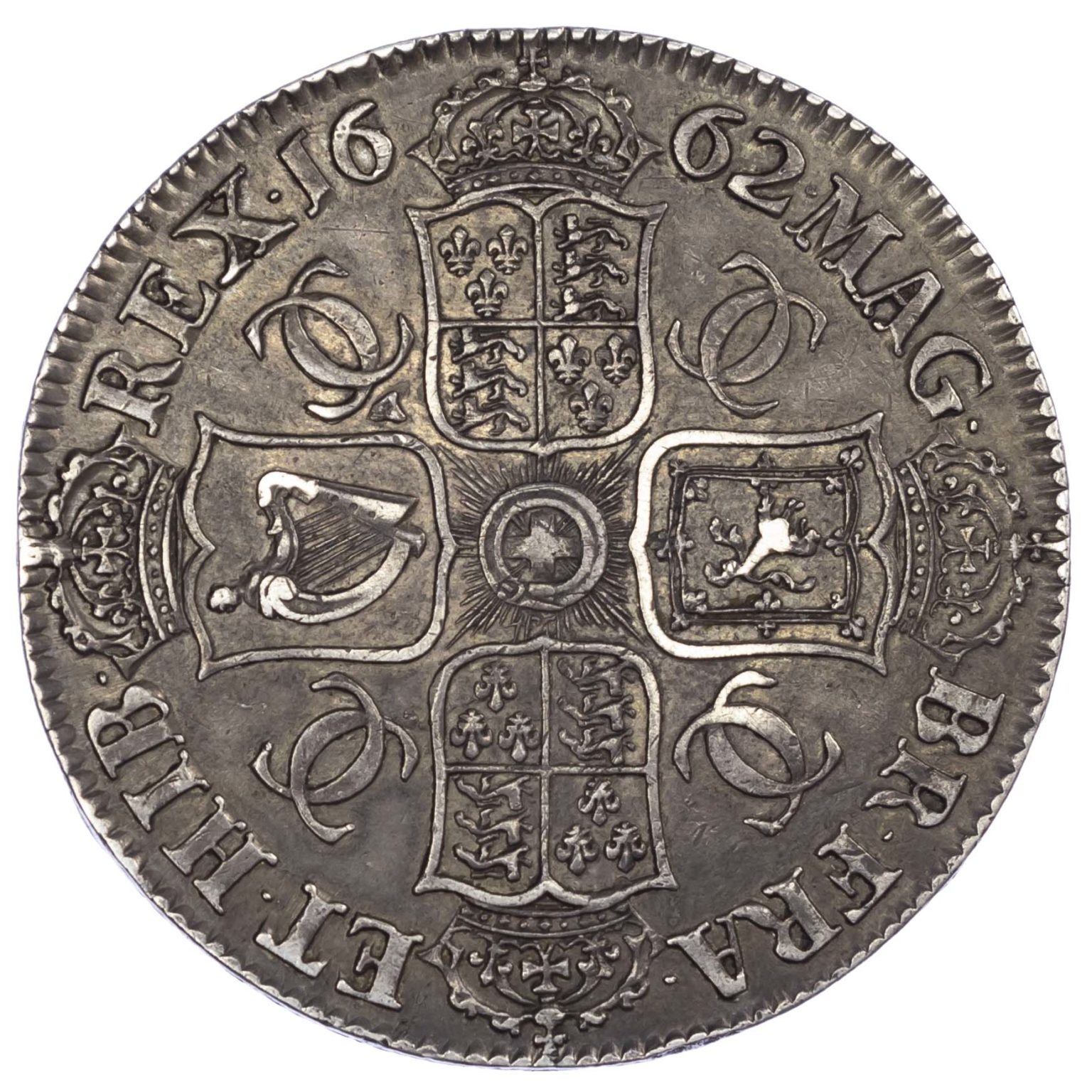 Charles II (1660-85), Crown, 1662, first laureate bust, Rose below ...