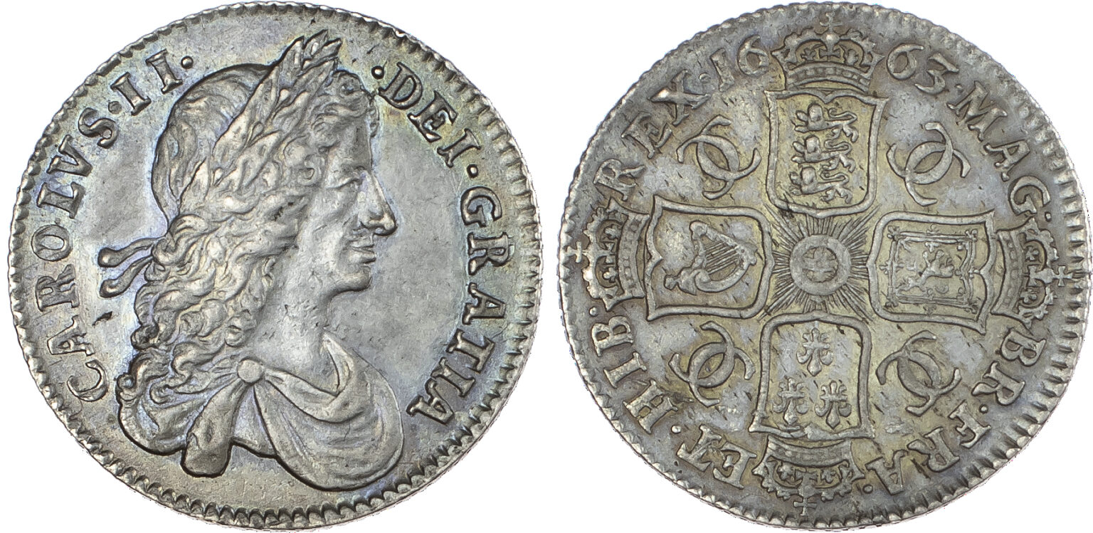 Charles II (1660-85), Shilling, 1663, first laureate and draped bust ...