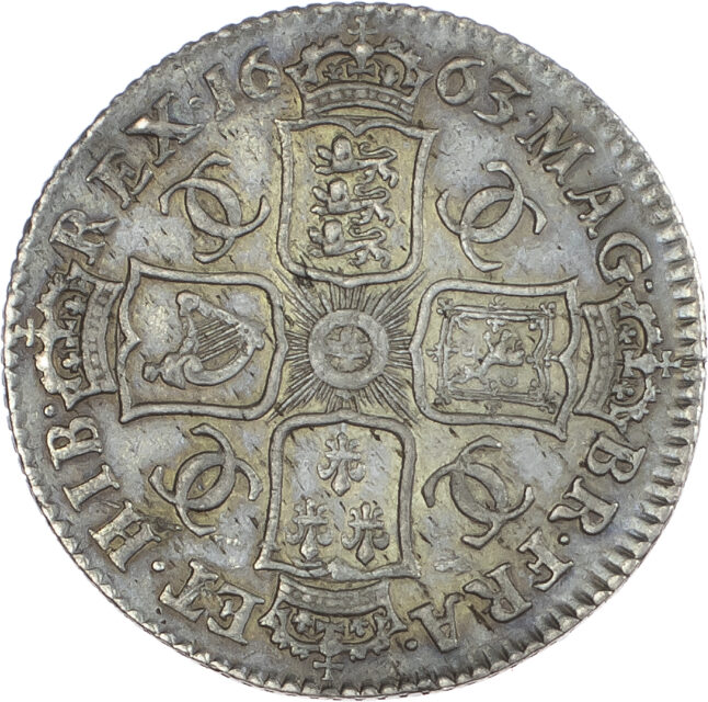 Charles II (1660-85), Shilling, 1663, first laureate and draped bust ...