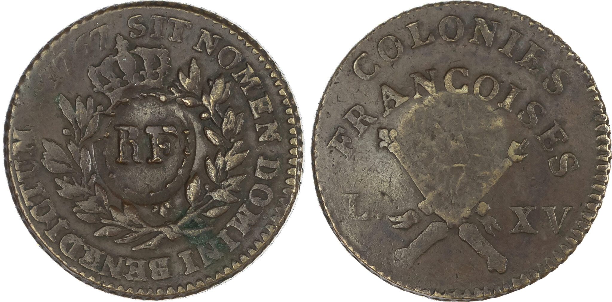 USA (French Colonies), Louis XV (1715-1774), copper Sou chopmarked RF ...