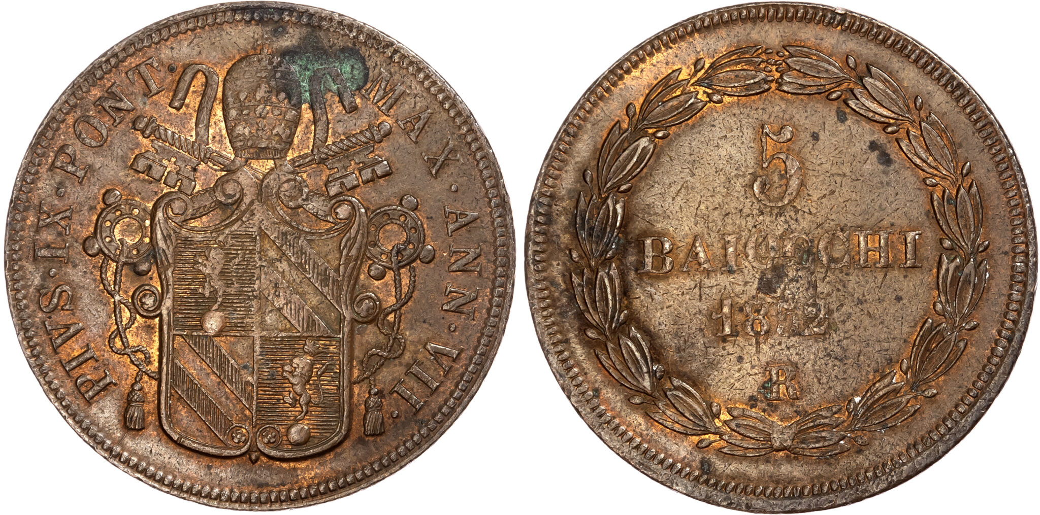 Italy, Papal States, Pio IX (1846-1870), copper 5 Baiocchi, 1852 ...