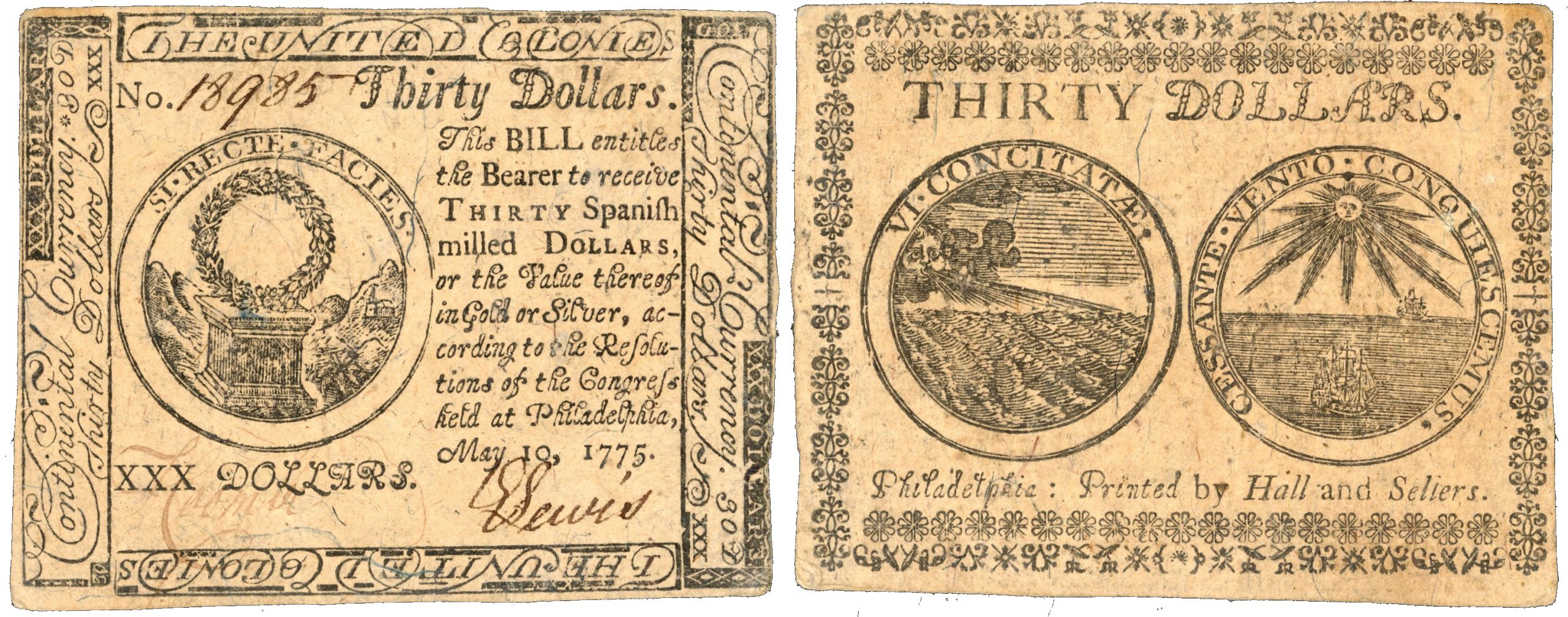 USA, Continental Currency, 30 Dollars note, issued 10th May 1775 ...